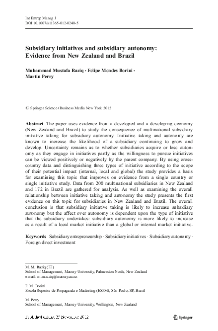 (PDF) Subsidiary initiatives and subsidiary autonomy: Evidence from New Zealand and Brazil