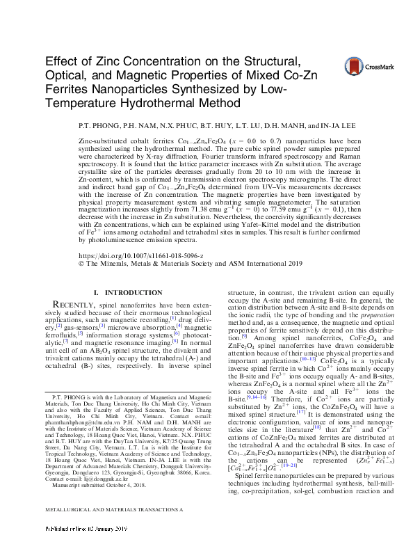 (PDF) Effect of Zinc Concentration on the Structural, Optical, and Magnetic Properties of Mixed ...