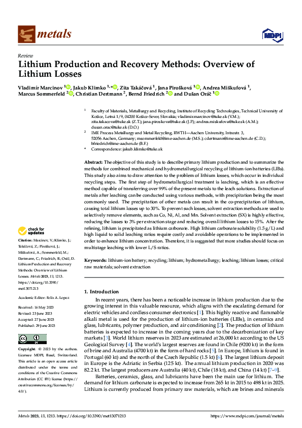 (PDF) Lithium Production and Recovery Methods: Overview of Lithium Losses
