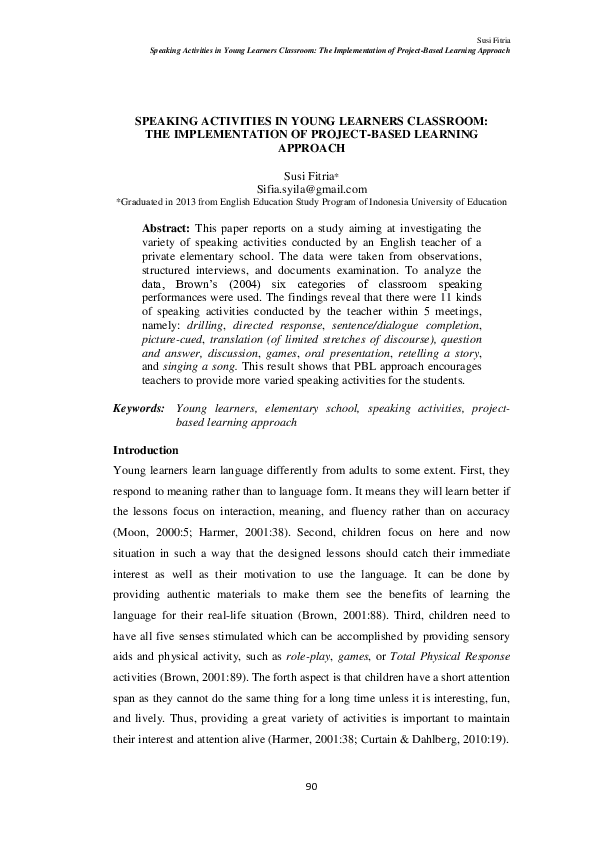 (PDF) Speaking Activities in Young Learners Classroom: The Implementation of Project-Based ...