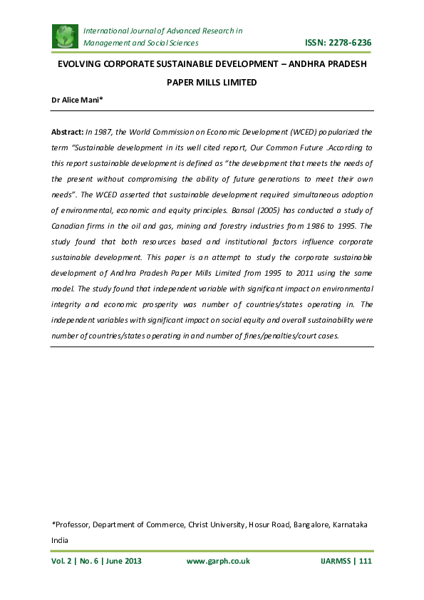 (PDF) Evolving Corporate Sustainable Development - Andhra Pradesh Paper ...