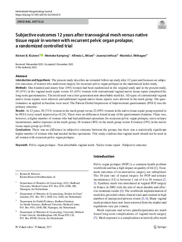 Pdf Subjective Outcomes 12 Years After Transvaginal Mesh Versus