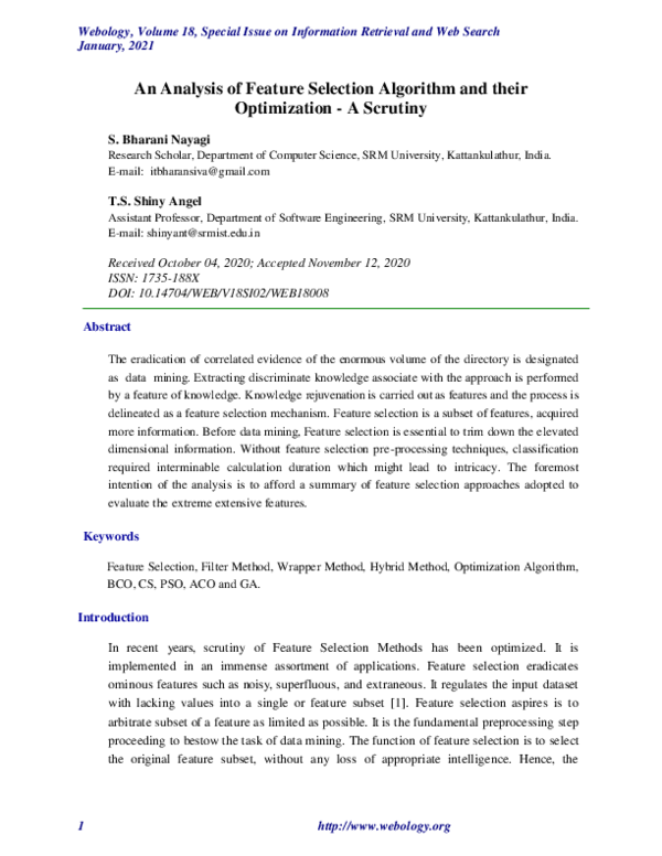 Pdf An Analysis Of Feature Selection Algorithm And Their Optimization A Scrutiny Bharani