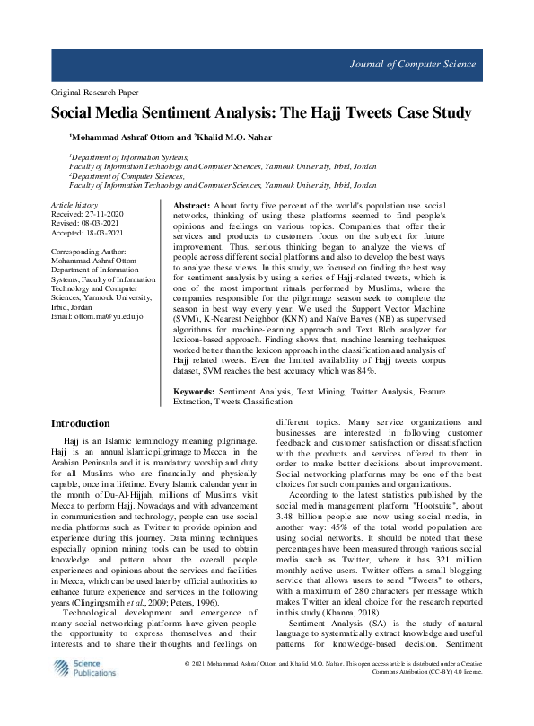 (PDF) Social Media Sentiment Analysis: The Hajj Tweets Case Study