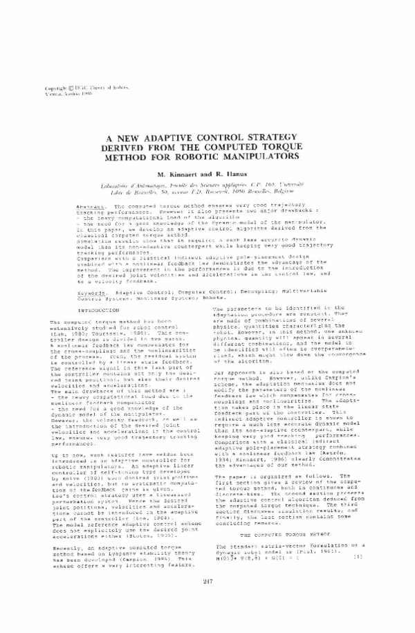 (PDF) A New Adaptive Control Strategy Derived from the Computed Torque ...