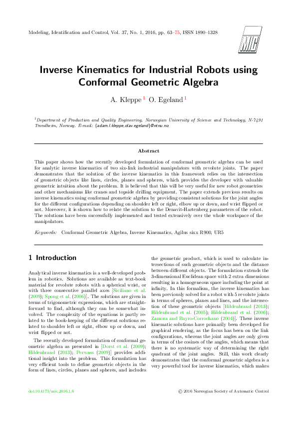 (PDF) Inverse Kinematics for Industrial Robots using Conformal ...
