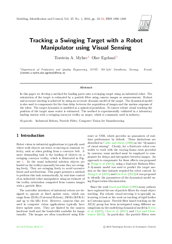 (PDF) Tracking a Swinging Target with a Robot Manipulator using Visual ...