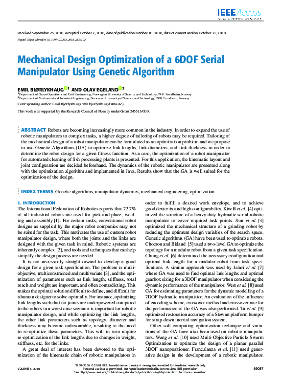 (PDF) Mechanical Design Optimization of a 6DOF Serial Manipulator Using Genetic Algorithm