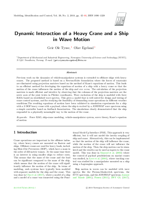 (PDF) Dynamic Interaction of a Heavy Crane and a Ship in Wave Motion