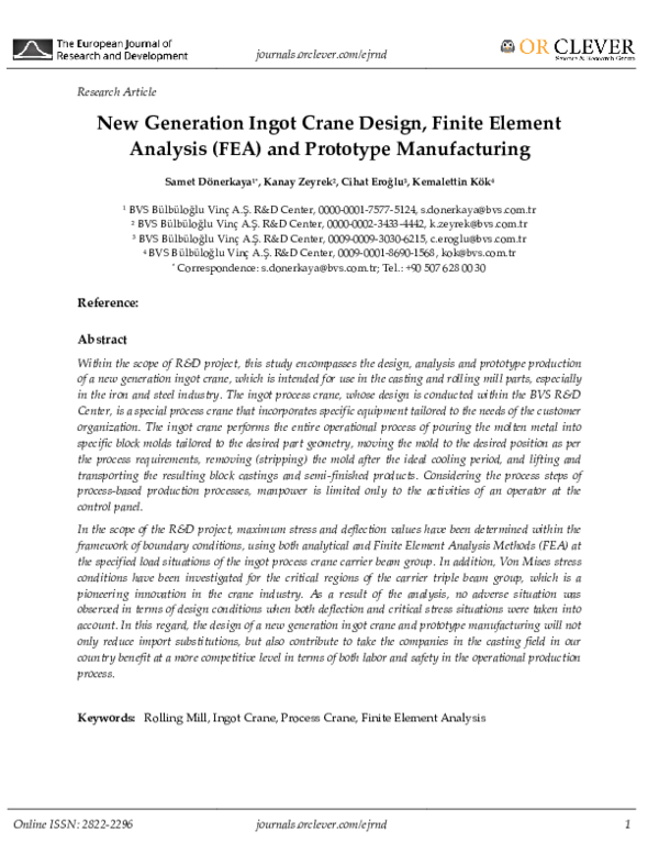 Pdf New Generation Ingot Crane Design Finite Element Analysis Fea And Prototype Manufacturing