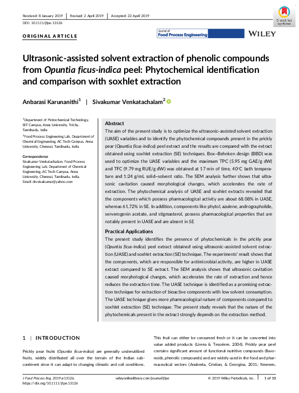 (PDF) Ultrasonic‐assisted solvent extraction of phenolic compounds from Opuntia ficus‐indica ...