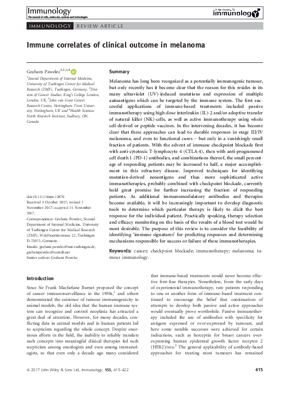(PDF) Immune correlates of clinical outcome in melanoma