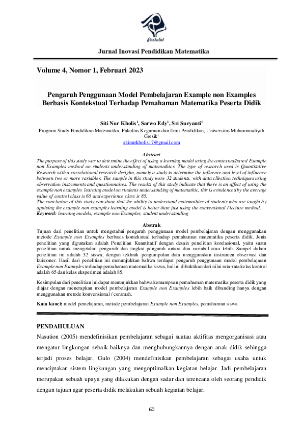 (PDF) Pengaruh Penggunaan Model Pembelajaran Example Non Examples ...