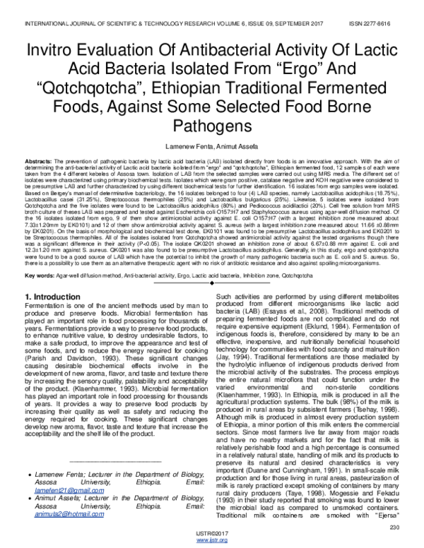 (PDF) Invitro Evaluation Of Antibacterial Activity Of Lactic Acid Bacteria Isolated From “Ergo ...
