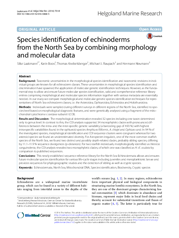 (PDF) Species identification of echinoderms from the North Sea by combining morphology and ...