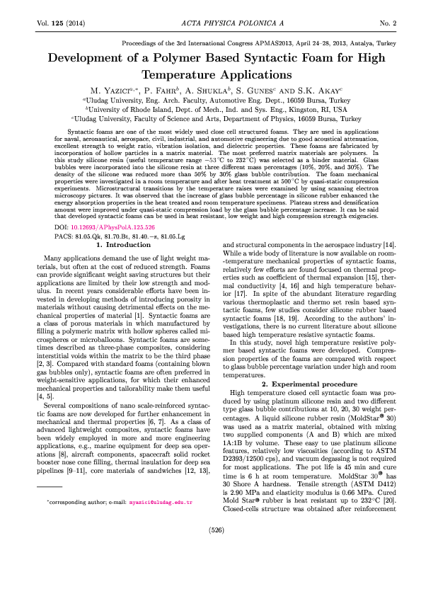 (PDF) Development of a Polymer Based Syntactic Foam for High ...