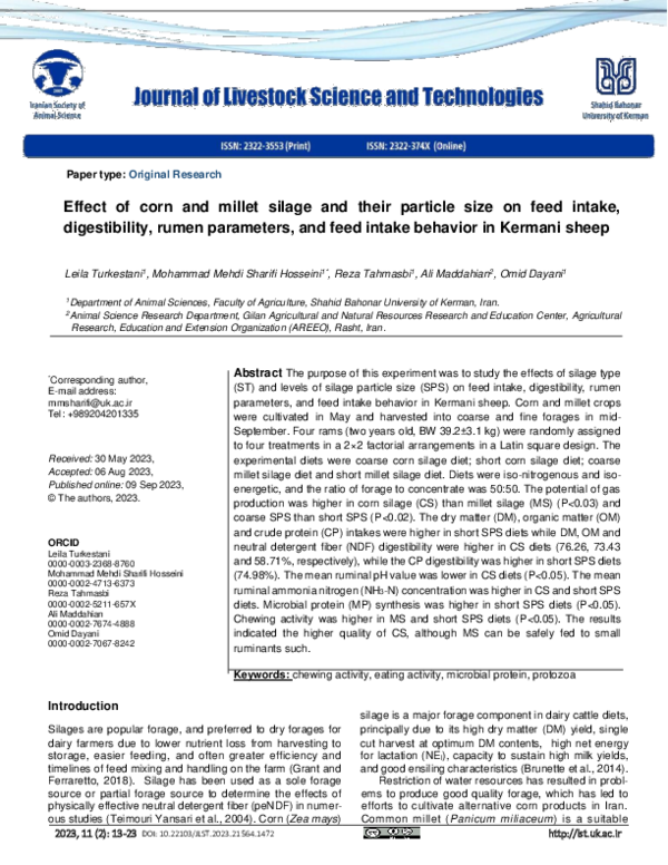 (PDF) Effect of corn and millet silage and their particle size on feed ...