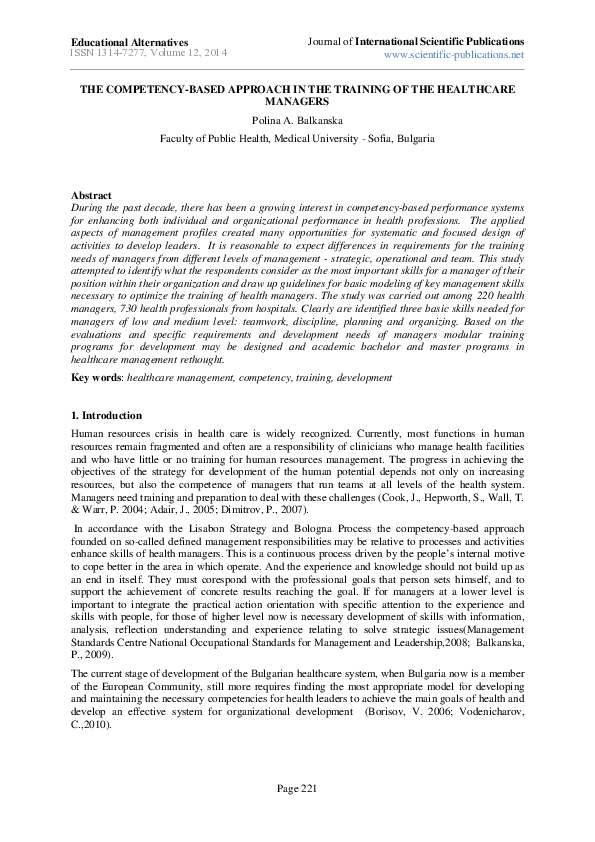 (PDF) The Competency-Based Approach in the Training of the Healthcare Managers