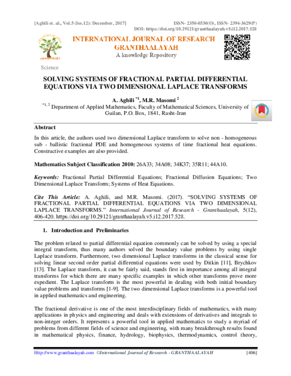 Pdf Solving Systems Of Fractional Partial Differential Equations Via Two Dimensional Laplace