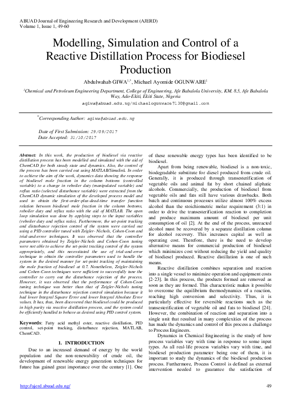 (PDF) Modelling , Simulation and Control of a Reactive Distillation Process for Biodiesel Production