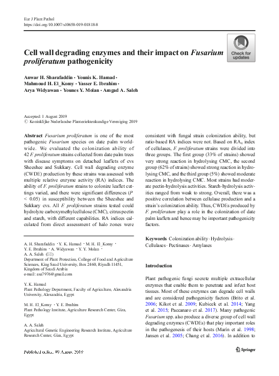 (PDF) Cell wall degrading enzymes and their impact on Fusarium proliferatum pathogenicity