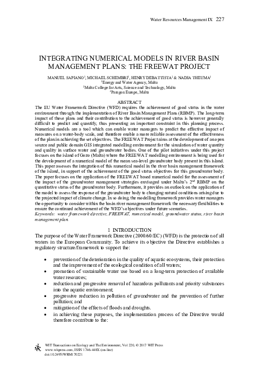 (PDF) Integrating Numerical Models in River Basin Management Plans: The Freewat Project