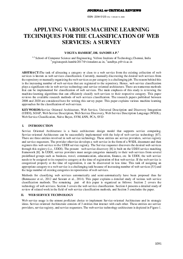(PDF) Applying Various Machine Learning Techniques for the Classification of Webservices: A Survey