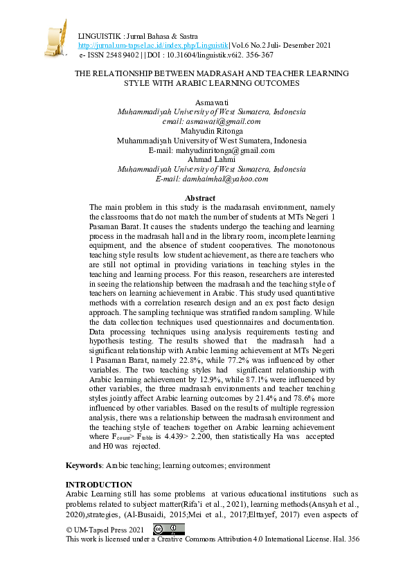 (PDF) The Relationship Between Madrasah and Teacher Learning Style with Arabic Learning Outcomes