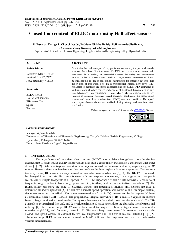 Pdf Closed Loop Control Of Bldc Motor Using Hall Effect Sensors
