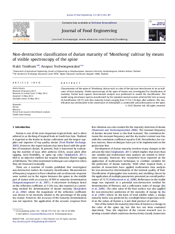 (PDF) Non-destructive classification of durian maturity of ‘Monthong ...
