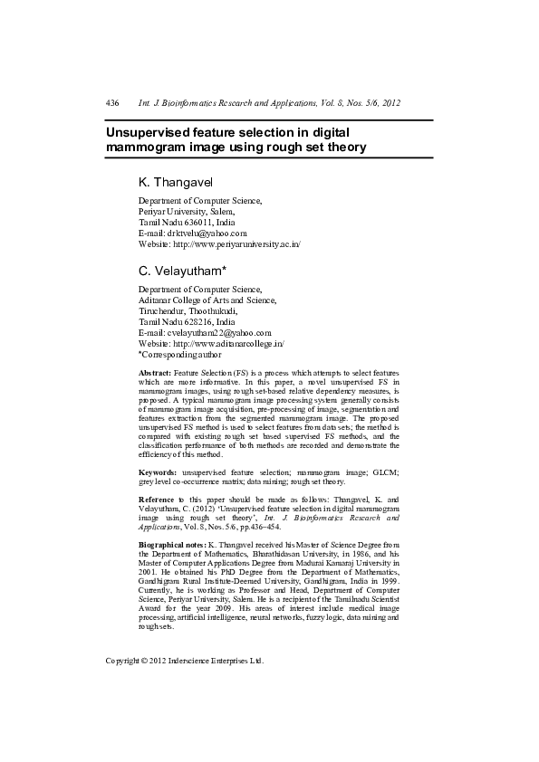 (PDF) Unsupervised Feature Selection in Digital Mammogram Image Using Tolerance Rough Set Based ...