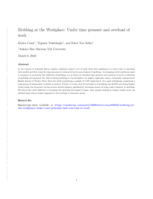 (PDF) Mobbing at the Workplace: Under time pressure and overload of work