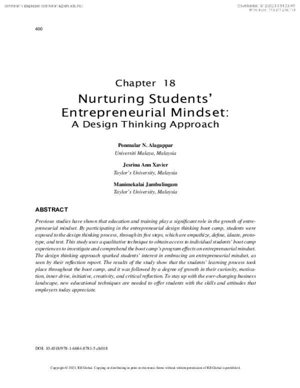 (PDF) Nurturing Students' Entrepreneurial Mindset: A Design Thinking ...