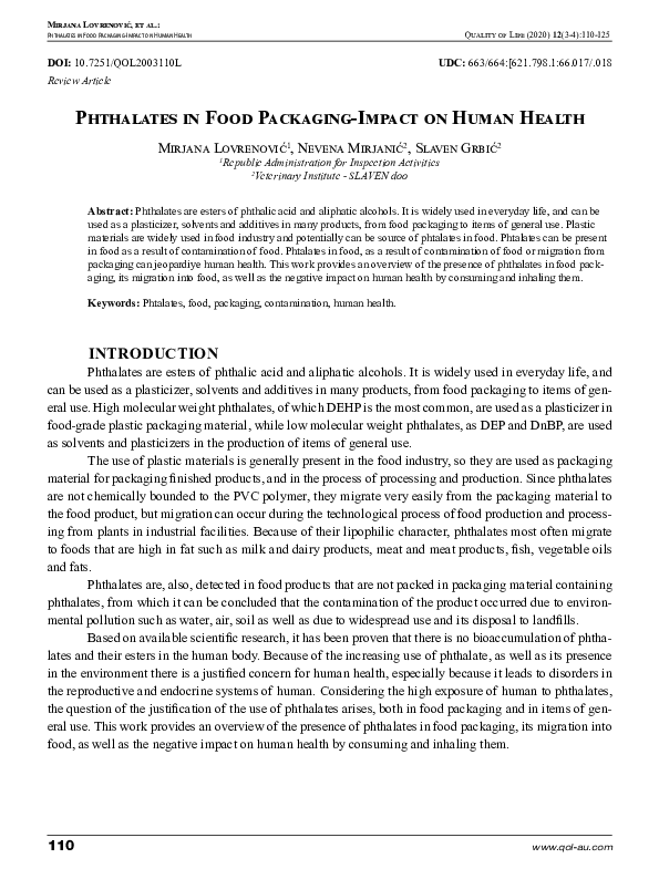 (PDF) Phthalates in Food Packaging-Impact on Human Health