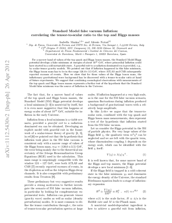 (PDF) Standard Model false vacuum Inflation: correlating the tensor-to ...