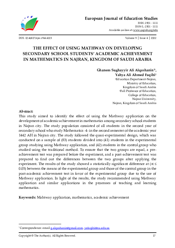(PDF) The Effect of Using Mathway on Developing Secondary School ...