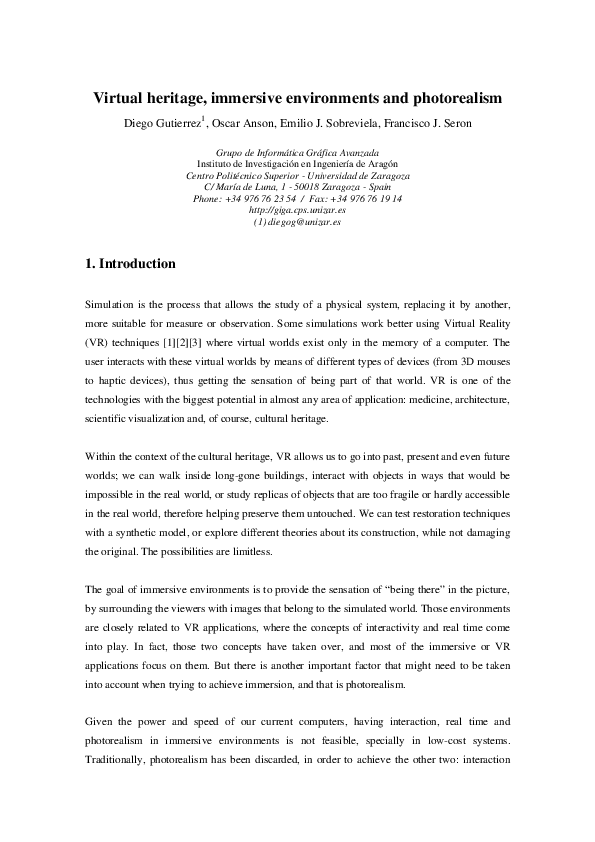 (PDF) Virtual Heritage, Immersive Environments and Photorealism