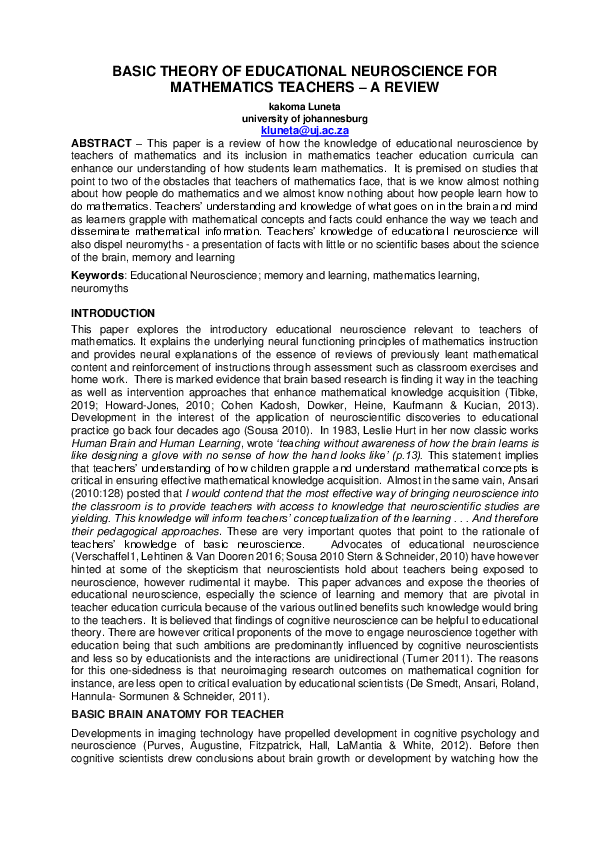(PDF) Basic theory of educational neuroscience for mathematics teachers ...