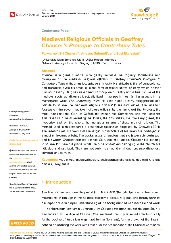 (PDF) Medieval Religious Officials in Geoffrey Chaucer’s Prologue to ...