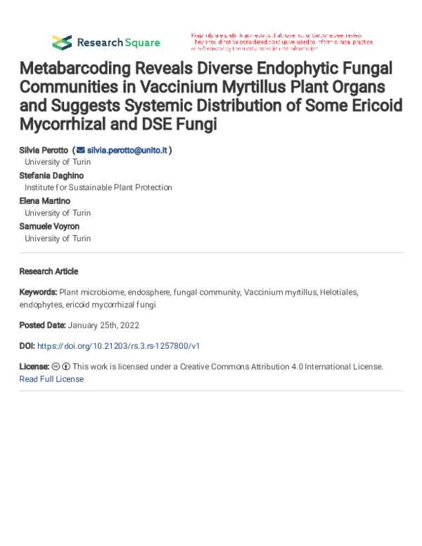 (PDF) Metabarcoding Reveals Diverse Endophytic Fungal Communities in Vaccinium Myrtillus Plant ...