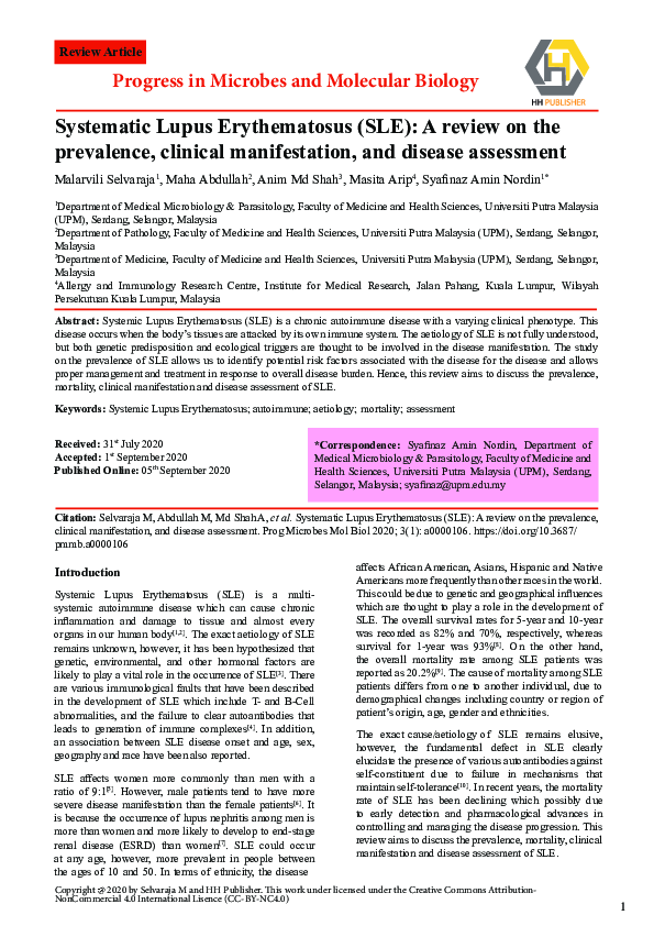 (PDF) Systematic Lupus Erythematosus (SLE): A review on the prevalence, clinical manifestation ...
