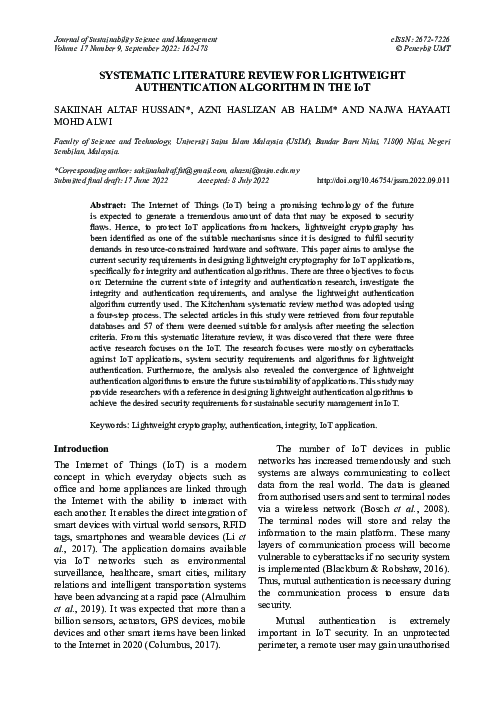(PDF) SYSTEMATIC LITERATURE REVIEW FOR LIGHTWEIGHT AUTHENTICATION ALGORITHM IN THE IoT