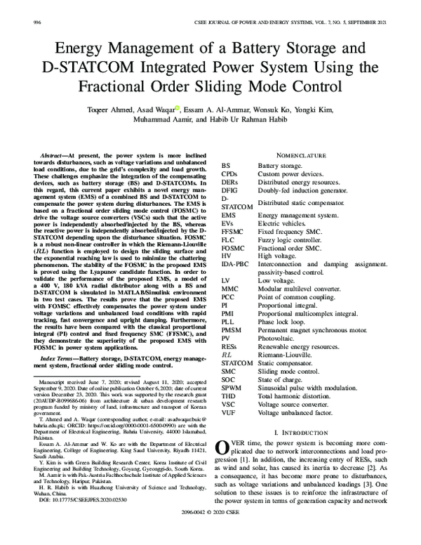 Pdf Energy Management Of A Battery Storage And D Statcom Integrated Power System Using