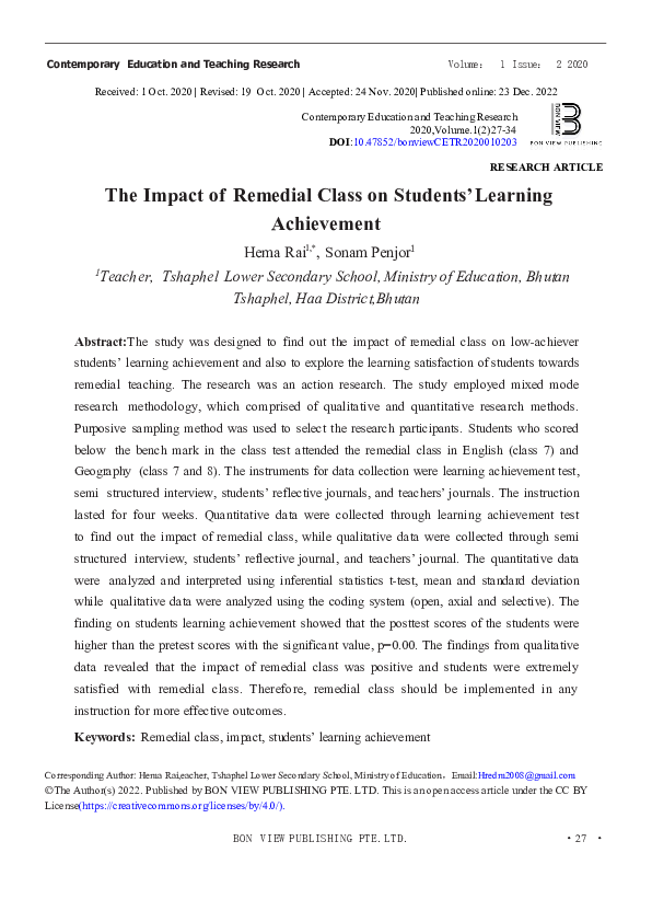 (PDF) The Impact of Remedial Class on Students’Learning Achievement