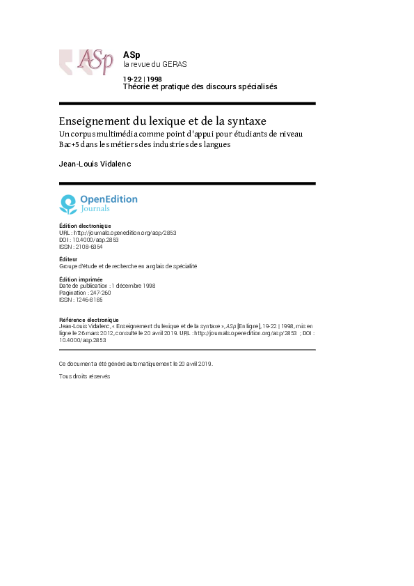 (PDF) Enseignement du lexique et de la syntaxe