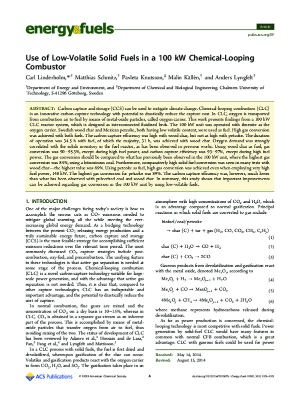 (PDF) Use of Low-Volatile Solid Fuels in a 100 kW Chemical-Looping ...