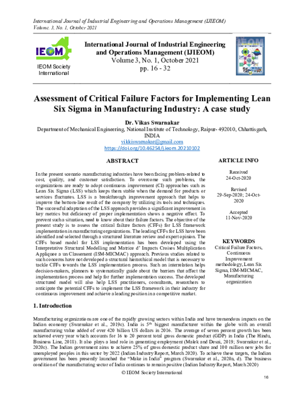 (PDF) Assessment of Critical Failure Factors for Implementing Lean Six Sigma in Manufacturing ...