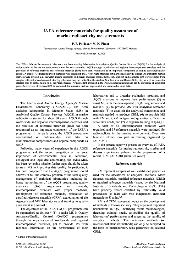 (PDF) IAEA reference materials for quality assurance of marine radioactivity measurements ...