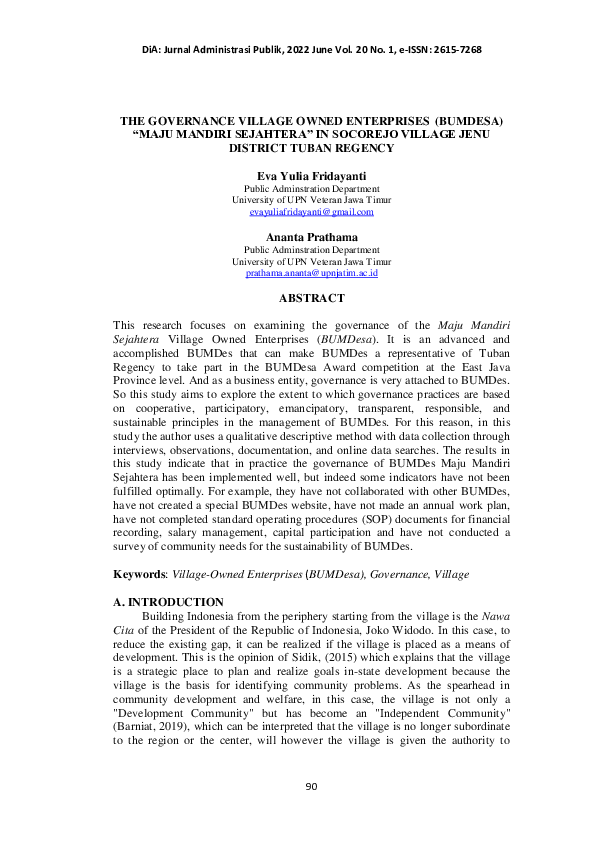 (PDF) The Governance Village Owned Enterprises (Bumdesa) “Maju Mandiri ...