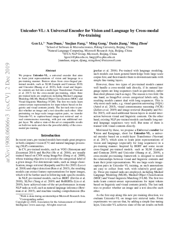 (PDF) Unicoder-VL: A Universal Encoder for Vision and Language by Cross-Modal Pre-Training